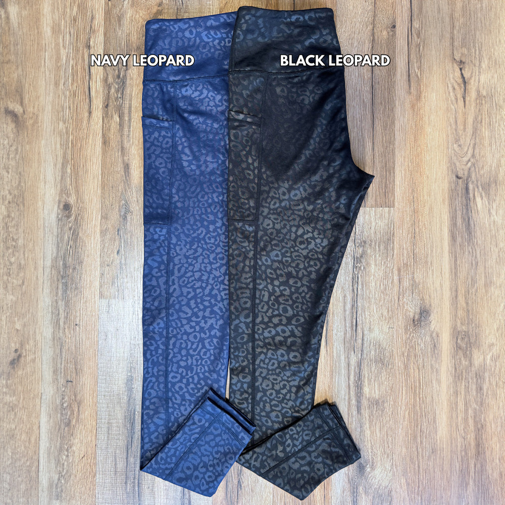 Navy Leopard Leggings | Workout Leggings With Pockets – Constantly ...